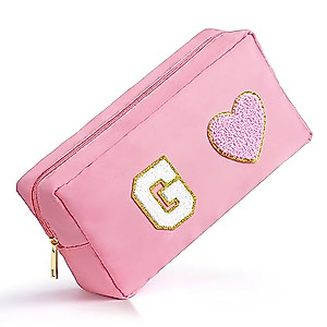 TOPEAST Preppy Makeup Bag Chenille Letters Cosmetic Travel Bag Makeup Pouch Portable Waterproof Travel Organizer Nylon Toiletry Bag Unique Gifts for Women Teen Girls, Letter G