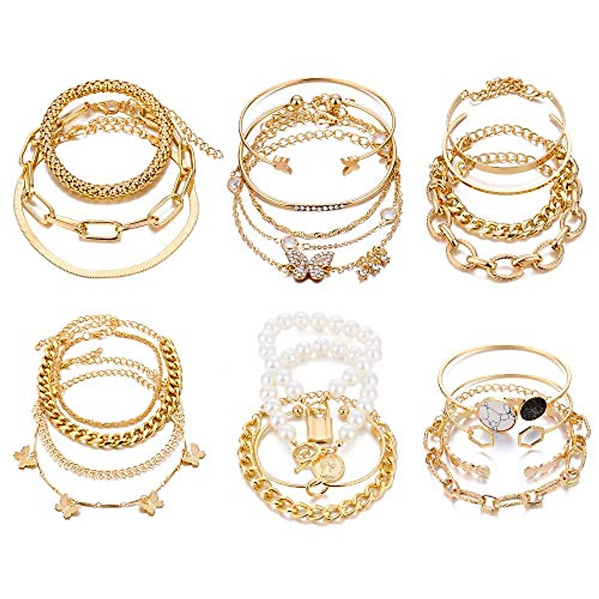 IFKM 6 PACK (24 PCS) Boho Gold Chain Bracelets Set for Women Girls, 14K Gold Plated Multiple Layered Stackable Open Cuff Wrap Bangle Adjustable Link Italian Cuban Jewelry for Women Girls Gift