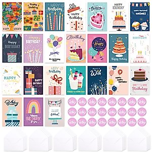 NESCCI Birthday Cards,24 Pcs Blank Cards with Envelopes & Stickers,24 Design,4x6 Inches Happy Birthday Card,Birthday Card for Kids, Family, Friends, and Colleagues