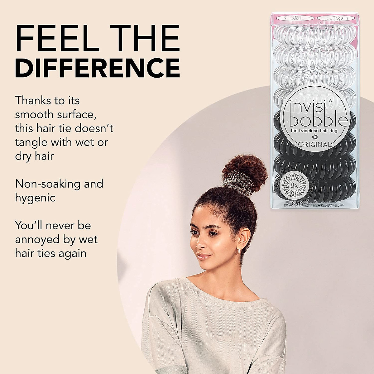 invisibobble Original Traceless Spiral Hair Ties - Pack of 8, Crystal Clear and True Black- Strong Elastic Grip Coil Accessories for Women - Non Soaking - Gentle for Girls Teens and Thick Hair