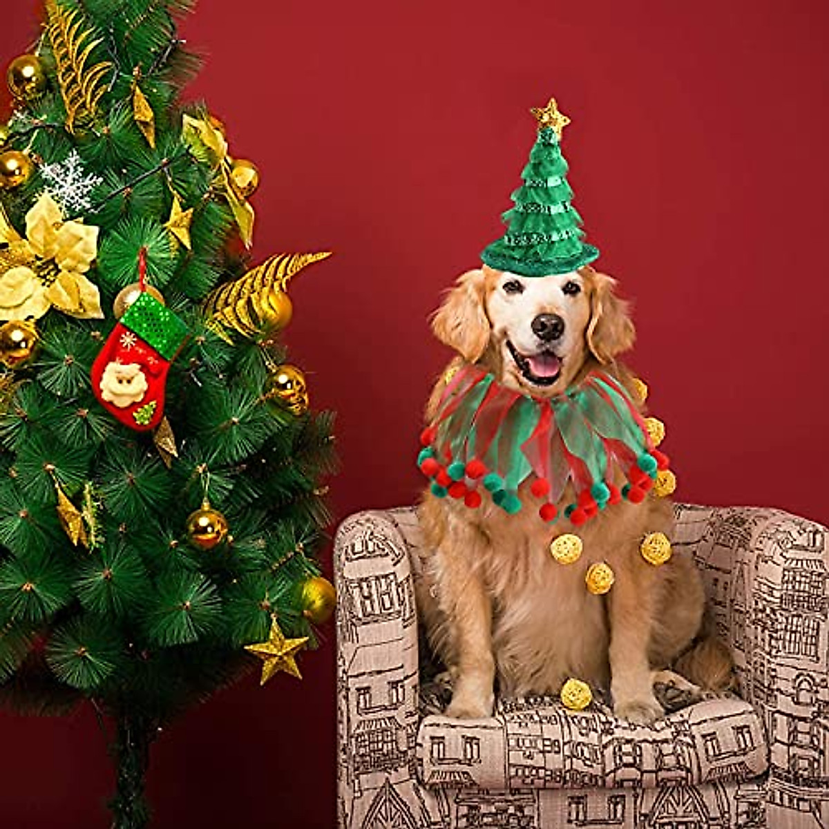 Christmas Dog Collar Hat Cat Costume 1 PCS Red Green Collar with 1 PCS Green Santa Hat Xmas Tree Headdress for Christmas Pet Decoration Holiday Dress