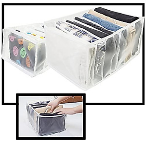 S-SNAIL-OO 7 Grids Washable Wardrobe Clothes Organizer, 2PCS Foldable Visible Grid Storage Box with Multiple Layers, Storage Containers for Scarves, Leggings (Jeans Grid, 2White)