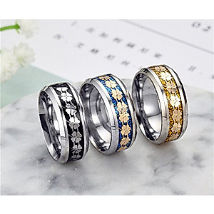 PAMTIER Titanium Steel 8 MM Four Clover Leaf Inlay Pattern Rings for Women Beveled Edges Black Size 9