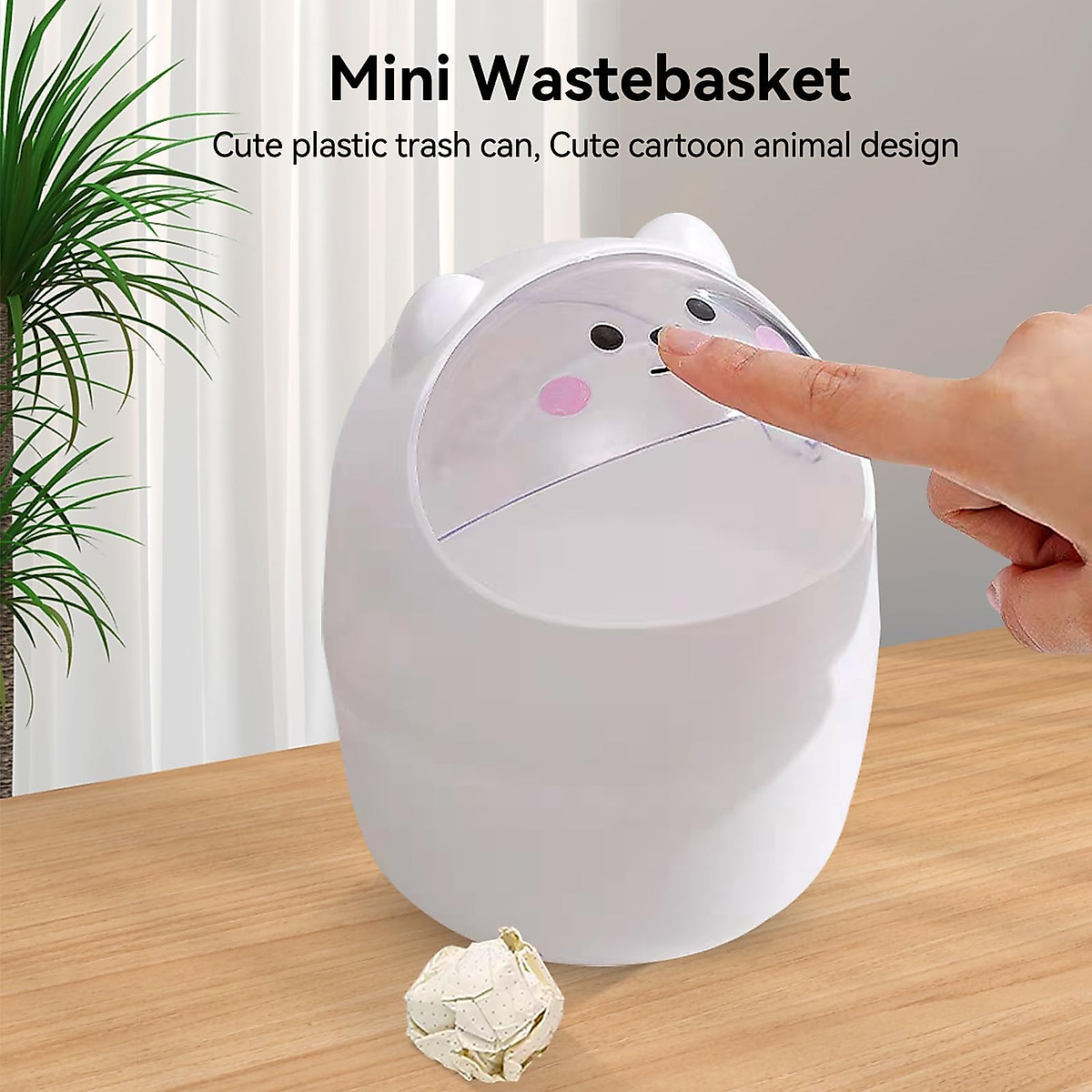 Cute Mini Desktop Trash Can, Cartoon Cat Animal Shape Waste Paper Bin with Swing Lid Mini Countertop Trash Can Small Garbage Can(White)