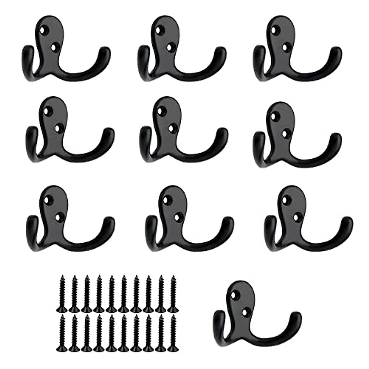 GDFYMI Coat Hooks Hardware, Double Hooks for Hanging Coats Wall Mounted Towel Hooks with Screws (Black,10 Pcs)