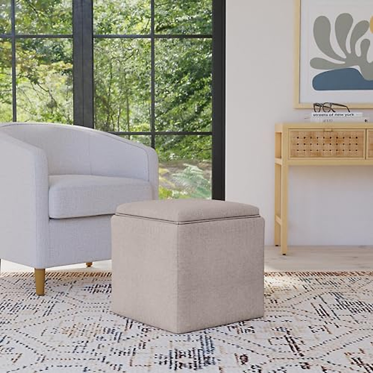 HomePop Home Decor Storage Ottoman with Tray Top|Upholstered Modern Square Storage Ottoman with Storage for Living Room & Bedroom, Light Brown Woven