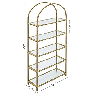 5-Tier Open Bookshelf, 72,2" Industrial Arched Bookcase Storage Shelves with Metal Frame, Freestanding Display Rack Tall Shelving Unit for Office, Bedroom, Living Room (Gold)