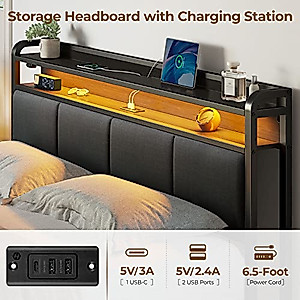 Rolanstar Bed Frame Full Size with Charging Station and LED Lights, Upholstered Headboard with Storage Shelves, Heavy Duty Metal Slats, No Box Spring Needed, Noise Free, Easy Assembly, Dark Grey