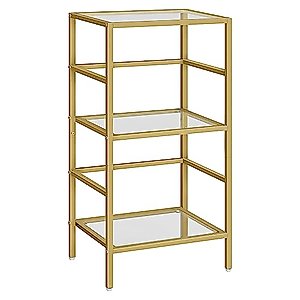 HOOBRO 3-Tier Bookcase, Tempered Glass Bookshelves, Record Storage Rack with Side Fence, Gold Bookshelf, Slim Shelving Unit for for Living Room, Bedroom, Home Office, Gold GD81CJ01