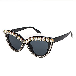 FUPRECIOUS Oversized Cat Eye Sunglasses for Women Handmade Rhinestone Pearl Plastic Frame