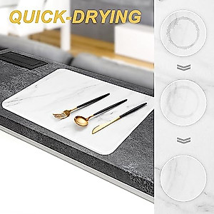 Stone Dish Drying Mats for Kitchen Counter, Ultra Absorbent, Fast Dry, Non-Slip, Heat Resistant, Eco-Friendly Diatomaceous Earth Mat for Baby Bottles, Dishes, and More(16x12 inch, Whtie Marble)