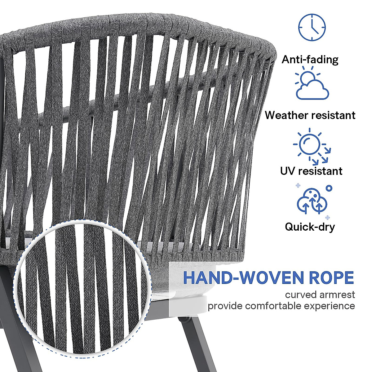 SUNSITT Patio Dining Chairs Set of 2, Outdoor Aluminum Dining Chairs with Woven Rope, All-Weather Patio Arm Chairs w/Cushions, Porch, Garden and Deck, Dary Grey