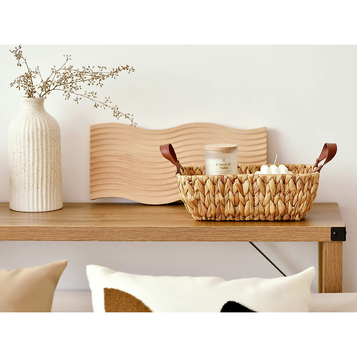 Labcosi Small Wicker Baskets for Organizing, Handwoven Toilet Paper Baskets for Toilet Tank, Water Hyacinth Bathroom Baskets with Faux Leather Handles, Baskets for Gift Empty, Set of 2