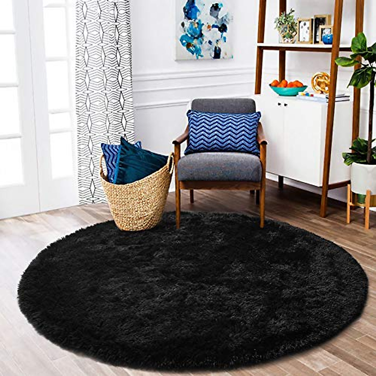 ISEAU Fluffy Round Rug Carpets, Modern Shaggy Circle Rug for Kids Bedroom Extra Comfy Cute Nursery Rug Small Circular Carpet for Boys Girls Room Home Decor Area Rug, 4ft Rugs, Black