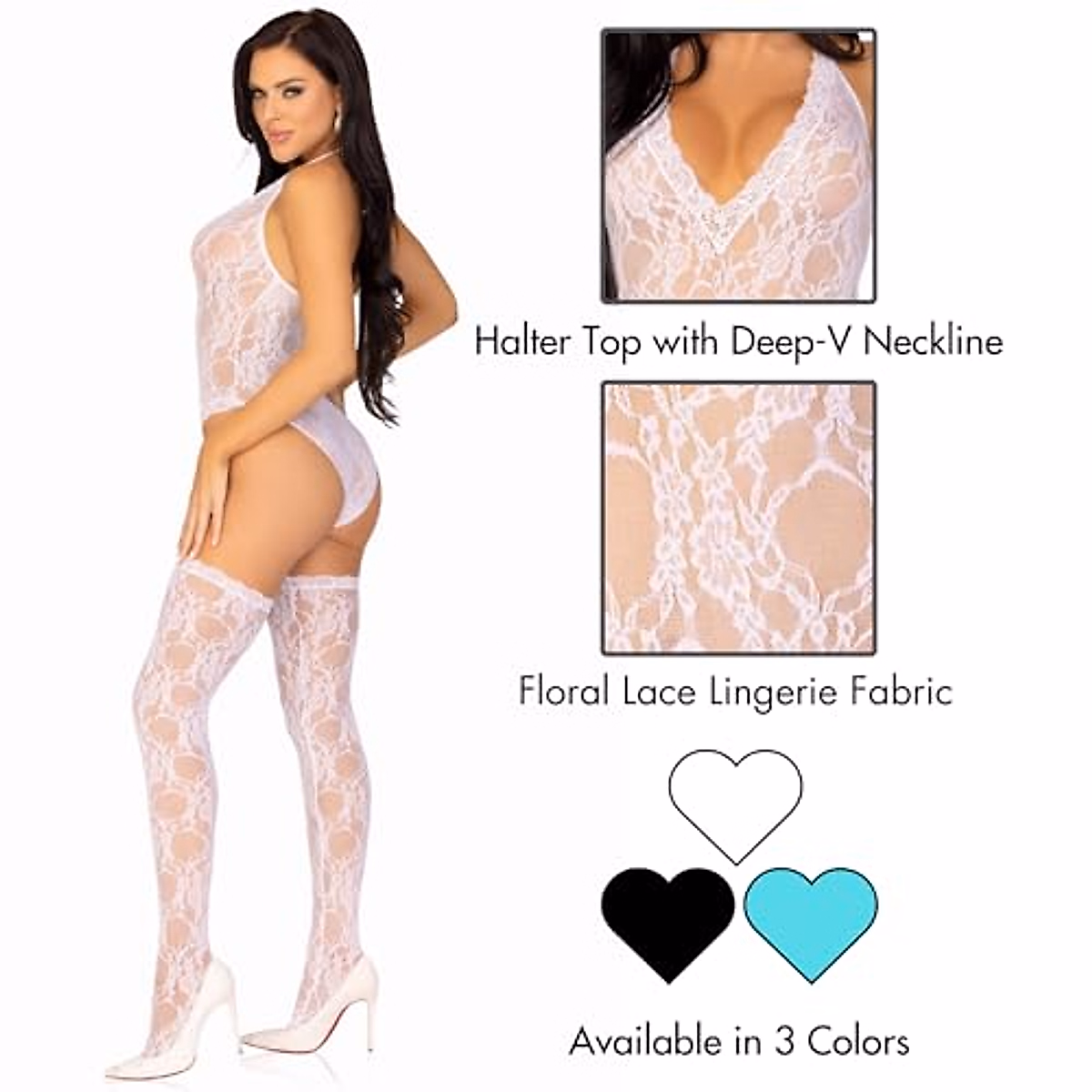 Leg Avenue womens Leg Avenue 2-piece Floral Lace Deep-v Neck Teddy and Matching Thigh Highs, One Size, Black adult exotic hosiery, White, One Size US