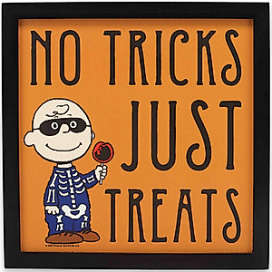 Peanuts Charlie Brown No Tricks Just Treats Framed Wood Wall Decor - Fun Charlie Brown Halloween Picture for Home