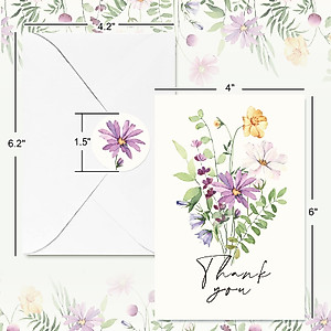 AnyDesign 36 Pack Floral Thank You Cards Watercolor Wildflower Greeting Cards with Envelopes Stickers Spring Midsummer Blank Note Cards for Birthday Wedding Baby Shower Bridal Shower, 4 x 6 Inch