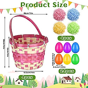 4 Set Large Easter Basket Bulk with 24 Pcs Easter Eggs, Handle Round Bamboo Woven Basket with Plastic Easter Eggs and 4 Pcs Colored Raffia Grass for Kids Baby Easter Bunny Party Supplies
