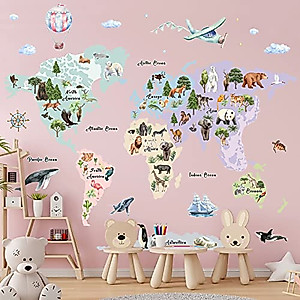 Large Animals World Map Wall Sticker Decals for Kids, Peel and Stick Wild Animals World Map Decor Stickers for Kids Wall Art Map of the World Decals for Nursery Classroom Playroom Kindergarten Educational Wall Decor