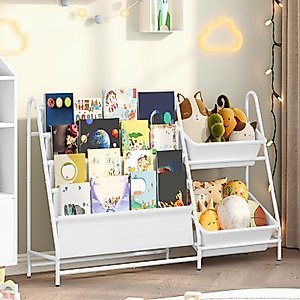 MAHANCRIS Kids Bookshelf and Toy Organizer, 4-Tier Toddler Bookshelf with 2 Toy Storage Bins, Nursery Book Shelves for Classroom, Kids Room, Library, Bedroom, Living Room, White BKBW7501