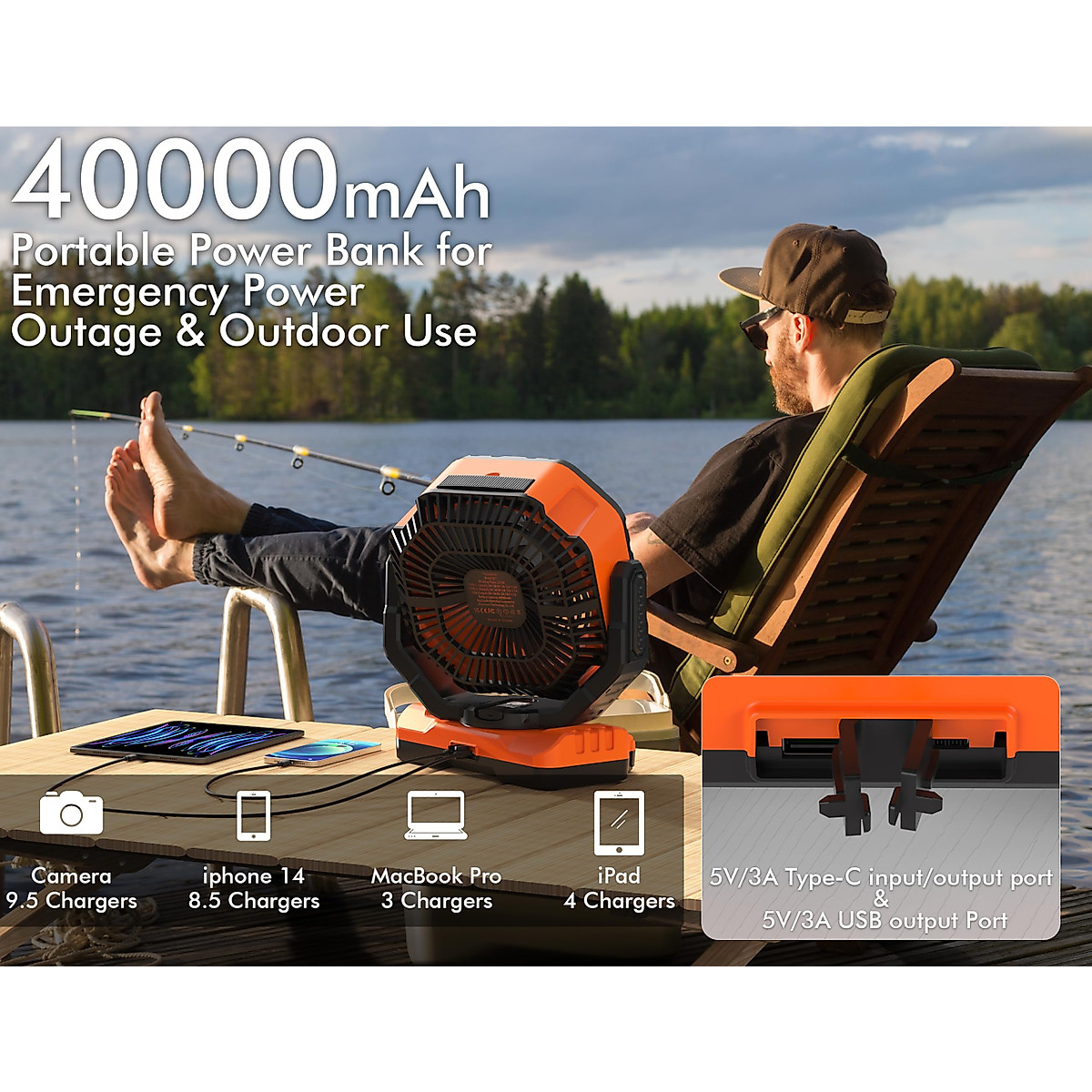 40000mAh Battery Operated Camping Fan, Rechargeable High Velocity Floor Fan, Auto Oscillation Remote Control Timer - Cordless Outdoor Fan for Car Travel RV Camp Garage Patio Hurricane Emergency