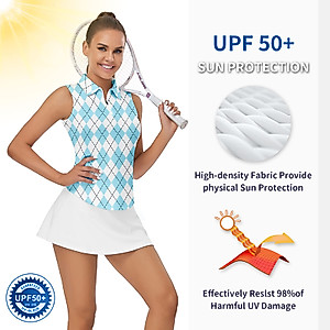 Womens Sleeveless Blue Golf Shirt Printed Polo Tennis Shirts Moisture Wicking Athletic Sport Golf Tanks for Women