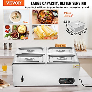VEVOR 110V 4-Pan Commercial Food Warmer, 1200W Electric Steam Table 15cm/6inch Deep, Professional Stainless Steel Buffet Bain Marie 48 Quart for Catering and Restaurants