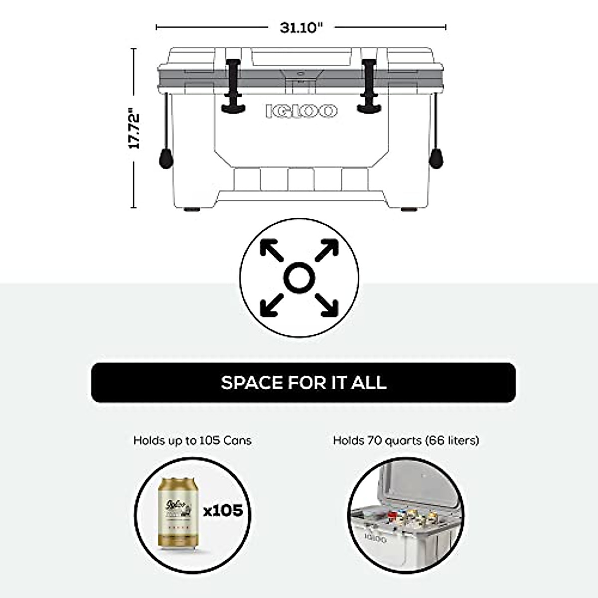 Igloo White IMX 70 Qt Lockable Insulated Ice Chest Injection Molded Cooler with Carry Handles