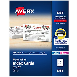 Avery Printable 3" x 5" Cards, 150 Blank Index Cards -- Great for Recipe Cards and Flashcards (5388)