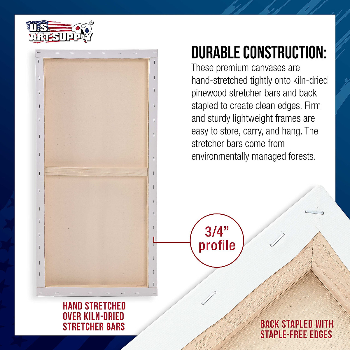 U.S. Art Supply 24 x 48 inch Stretched Canvas 12-Ounce Primed 3-Pack - Professional White Blank 3/4" Profile Heavy-Weight Gesso Acid Free Bulk Pack - Painting, Acrylic Pouring, Oil Paint