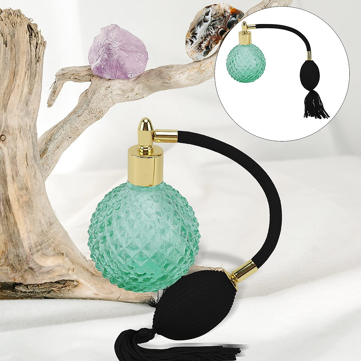 HEALLILY Crystal Vintage Perfume Bottle 100ml Refillable Perfume Spray Bottle with Long Tassel Air Bag Clear Empty Glass Container for Women Girls Green