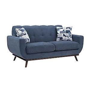 Benjara Keto 70 Inch Loveseat, Chenille, 2 Throw Pillows, Solid Wood, Blue and Brown