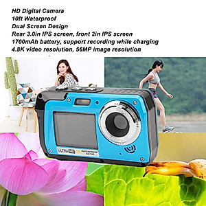 Dual Screen Digital Camera, 4K 30Fps 56MP 18X Video Recording Camera Built in Microphone, Dual Screen, Continuous Shooting, 10ft Waterproof, with 1700mAh Battery