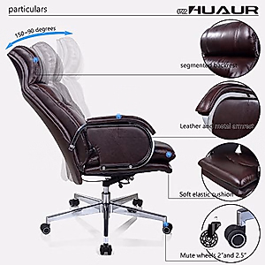 HUAUR Genuine Leather Modern Executive Chair High-Back Support 90 to 150 Degrees Tilt and Upholstered Home Desk Chair with Base 400LB Capacity Swivel Computer Office Chair (Brown)