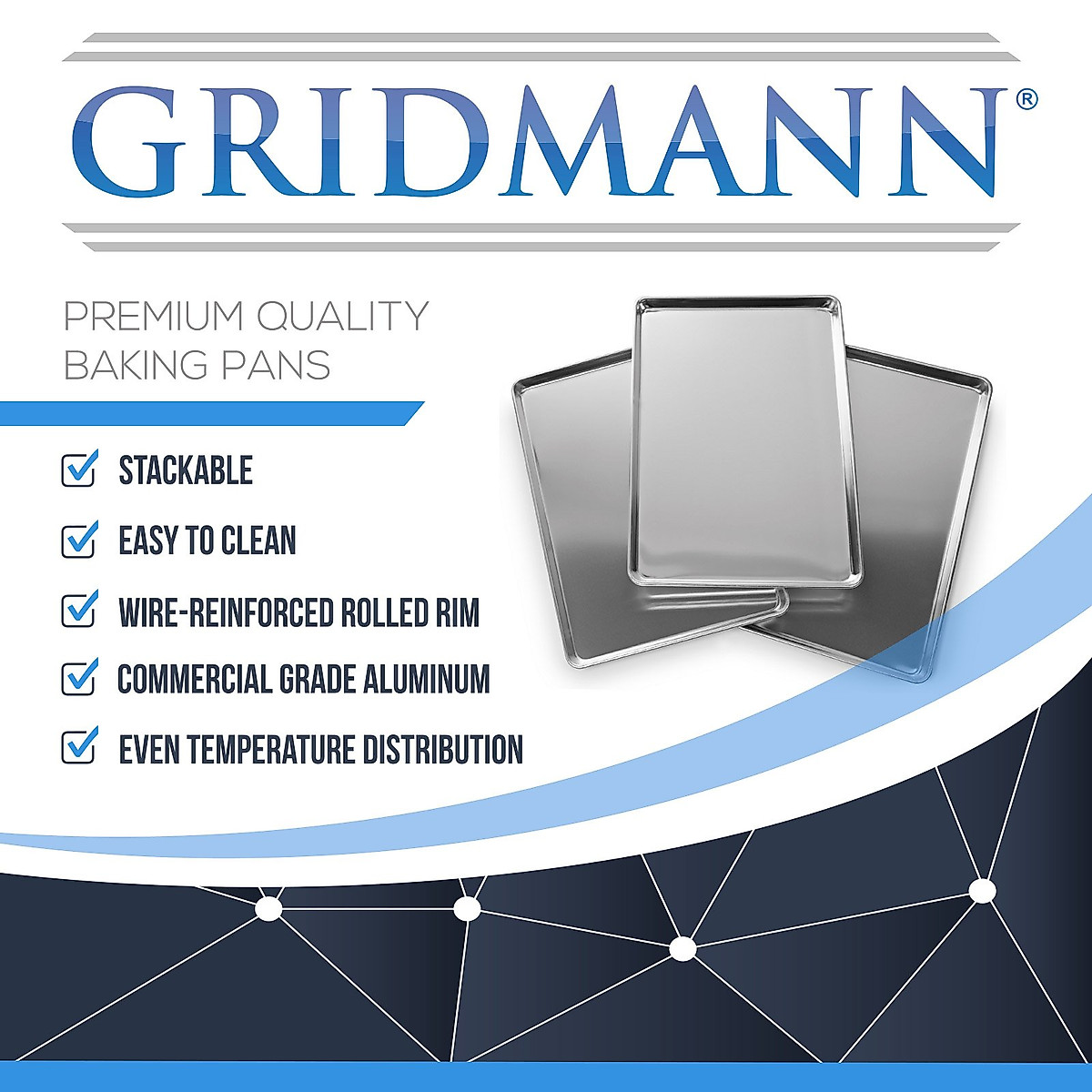 GRIDMANN 13" x 18" Commercial Grade Aluminum Cookie Sheet Baking Tray Jelly Roll Pan Half Sheet - 12 Pans