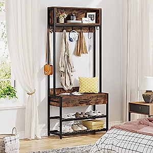 LITTLE TREE 4-in-1 Entryway Hall Tree with Drawer, Industrial Coat Rack with Shoe Bench, Shoe Storage Rack, Hutch and 9 Hooks, Rustic Brown