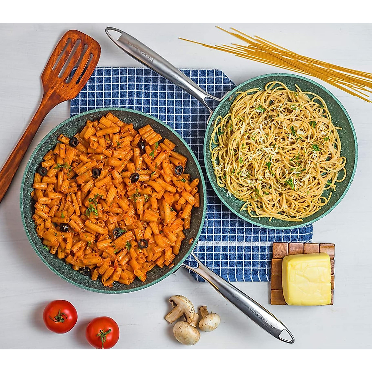 WaxonWare Induction Nonstick Frying Pan Set PFOA Free, Green, 9.5 & 11 Inch Non Stick Skillets, Metal Utensil Safe Emerald Series