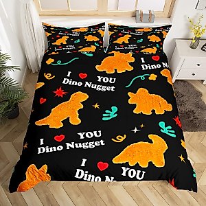 Feelyou Fried Chicken Nugget Bedding Set Queen Size Kids Cute Dino Comforter Cover Set for Boys Teens Dinosaur Duvet Cover Breathable Chicken Nuggets Bedspread Cover Room Decor Quilt Cover