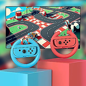 TalkWorks Steering Wheel Controller for Nintendo Switch (2 Pack) - Racing Games Accessories Joy Con Controller Grip for Mario Kart, Blue/Red Combo