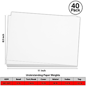 SUMERX 40 Pieces 8.5" x 11" White Cardstock, Heavyweight Cardstock Sheets Blank Invitation Paper Greeting Cards Printable, 74lb Cover 200 GSM/White