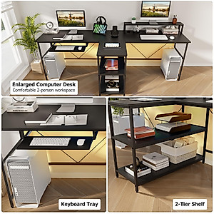 Giantex 94.5” 2 Person Desk with LED Lights, Long PC Study Desk with Storage Shelves, Power Outlets, Keyboard Tray & Monitor Stand, Double Computer Desk Workstation for Home Office (Black)