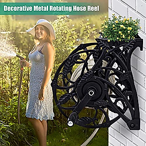 Garden Hose Reel Wall Mount with 6.5ft Leader Hose, Storage Shelf, Holds 130ft of 5/8 Hose, Portable Cast Iron Water Hose Reel for Outside Gardening Tools, Decorative Metal Hose Storage Holder