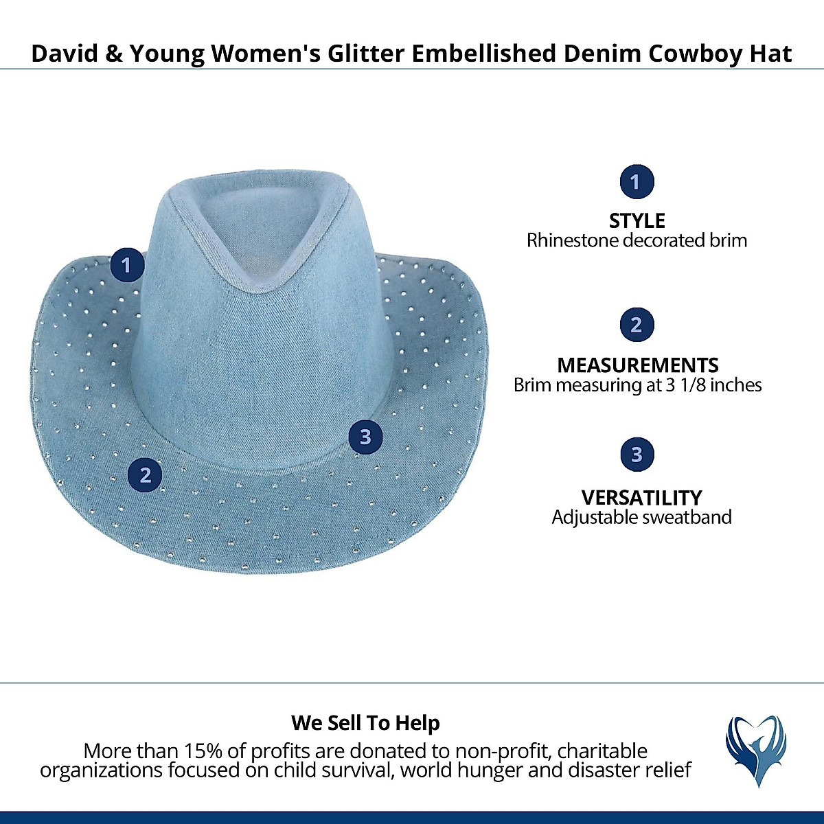 David & Young Women's Glitter Embellished Denim Cowboy Hat, Denim