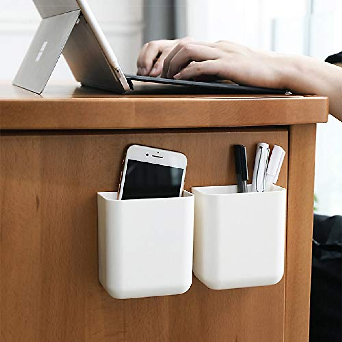 MOSUNKA Self Adhesive Wall Mounted Storage Box Bathroom Makeup Wall Organizer White Pen Holder Remote Cellphone Holders for Bedroom Home Decor Kicthen Room 2Pcs