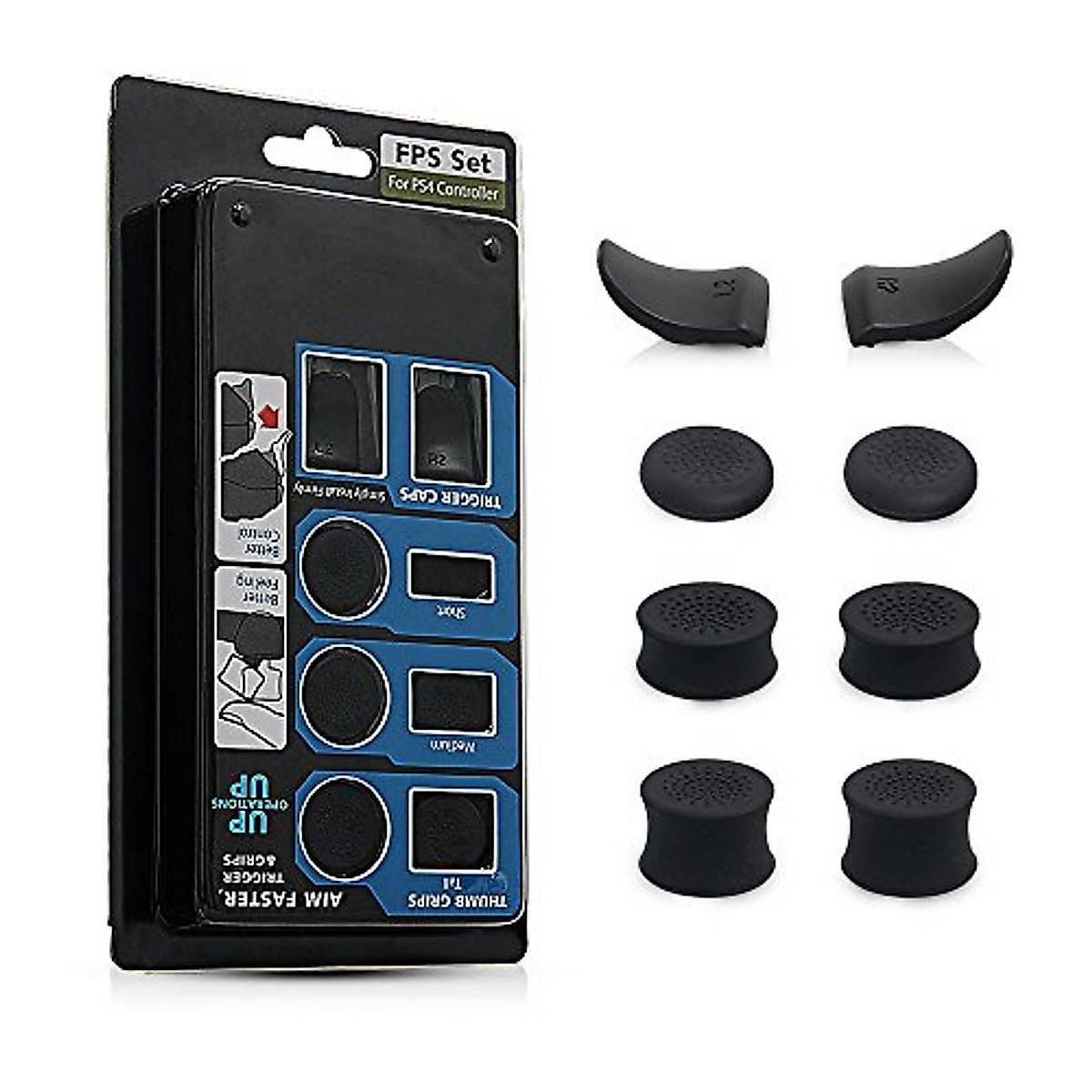 PS4 FPS Games Accessories Kit Anti Slip Silicon Analog Stick Thumb Grips Set with Trigger Extensions for Playstation 4 / Slim/Pro Controller (Black)