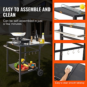 VEVOR Outdoor Grill Dining Cart with Double-Shelf, BBQ Movable Food Prep Table, Multifunctional Foldable Iron Table Top, Portable Modular Carts for Pizza Oven, Worktable with 2 Wheels, Carry Handle
