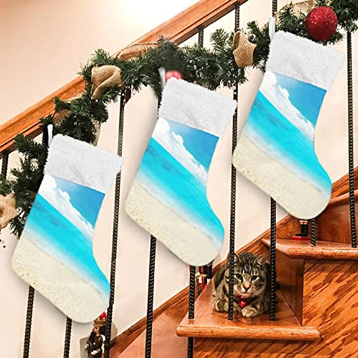 Kigai Christmas Stockings Summer Island Beach Large Candy Stockings Stuffers Kids Cute Xmas Sock Decorations 1PC for Home Holiday Party 12" x18"