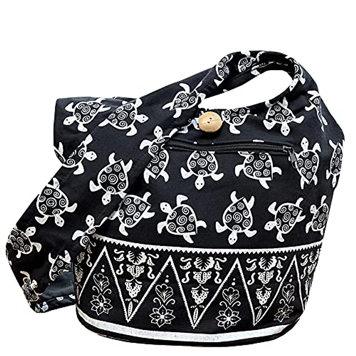 Fully Lined Sea Turtle Crossbody Sling Bag - Front Zippered Pocket - Handmade Bohemian Thai Hippie hobo Shoulder Cotton Purse - Medium - Black and White (Black and White)