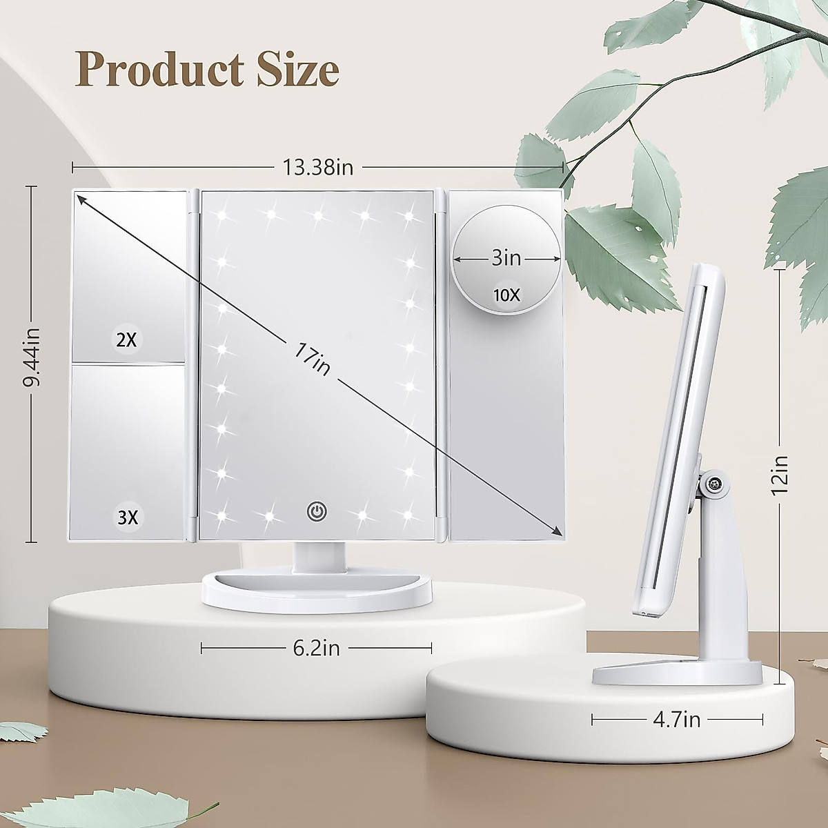 Makeup Mirror Vanity Mirror with Lights, 2X 3X 10X Magnification, Lighted Makeup Mirror, Touch Control, Trifold Makeup Mirror, Dual Power Supply, Portable LED Makeup Mirror, Women Gift (White+10X)