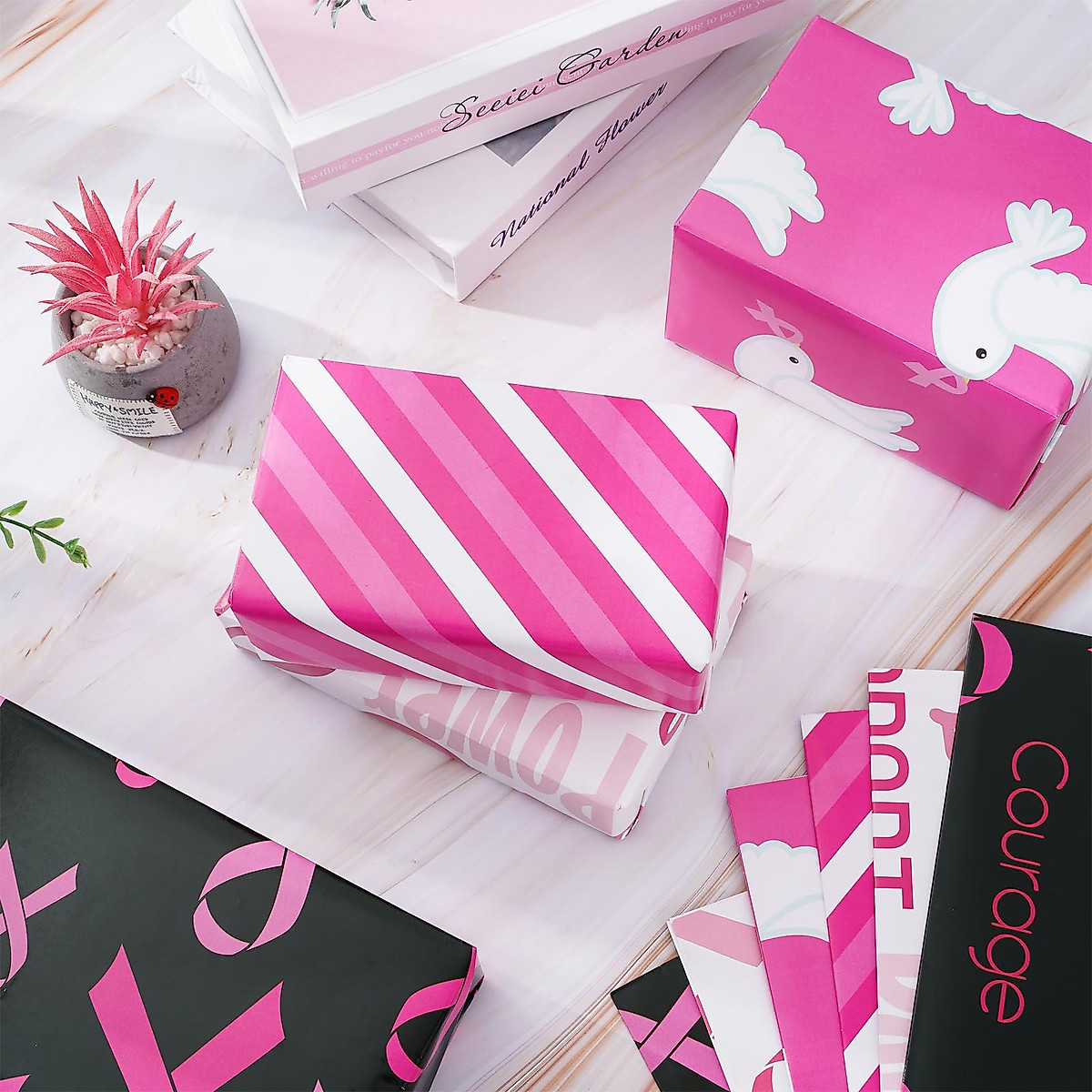 AnyDesign 12 Sheet Breast Cancer Awareness Wrapping Paper Pink Bow Peace Dove Gift Wrap Paper Bulk Decorative Art Paper for DIY Crafts, 19.7 x 27.6 Inch, Folded Flat